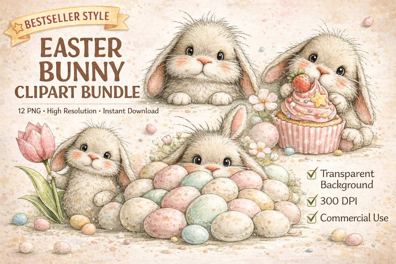 Watercolor Easter Bunny Clipart Bundle, Spring Rabbit Illustrations ...