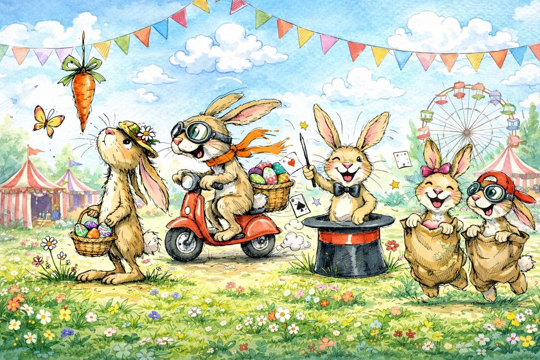 Whimsical Easter Bunny Clipart, Funny Cartoon Rabbit Characters, Spring ...