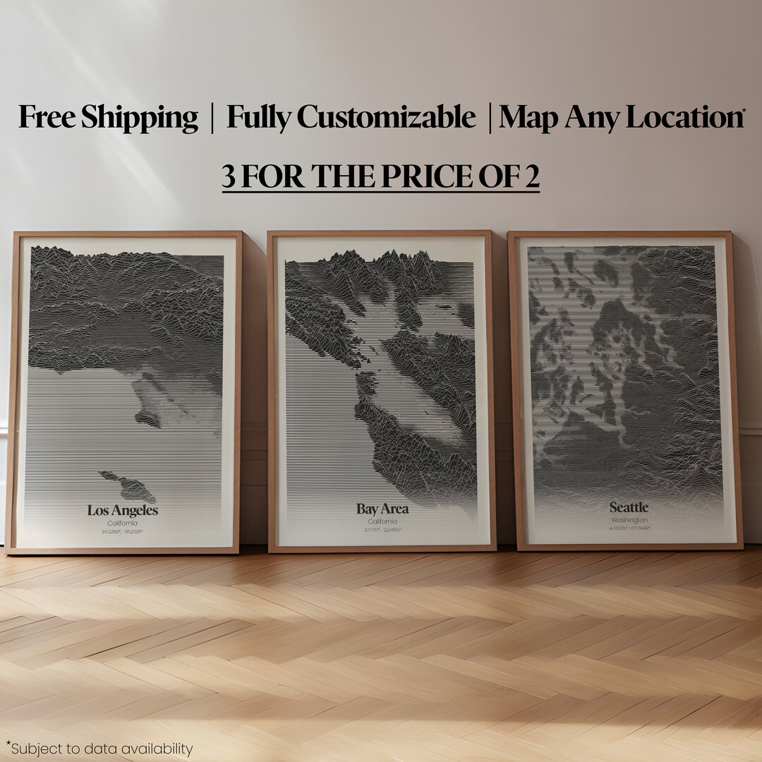 Custom Topography Map Print Poster of Any Location Poster Print Set of ...
