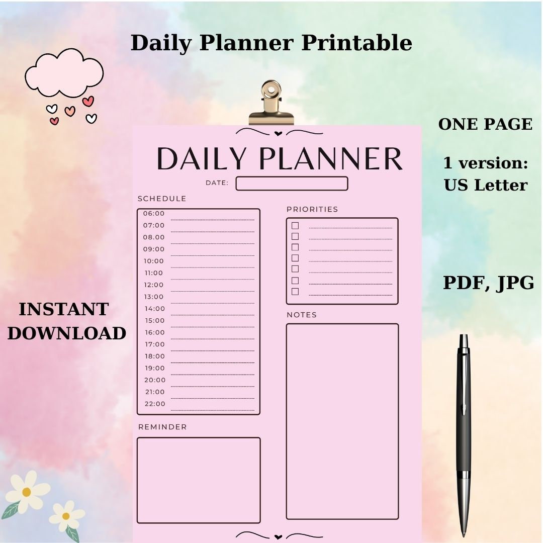Minimalist Daily Planner Printable Digital Hourly Undated - Etsy