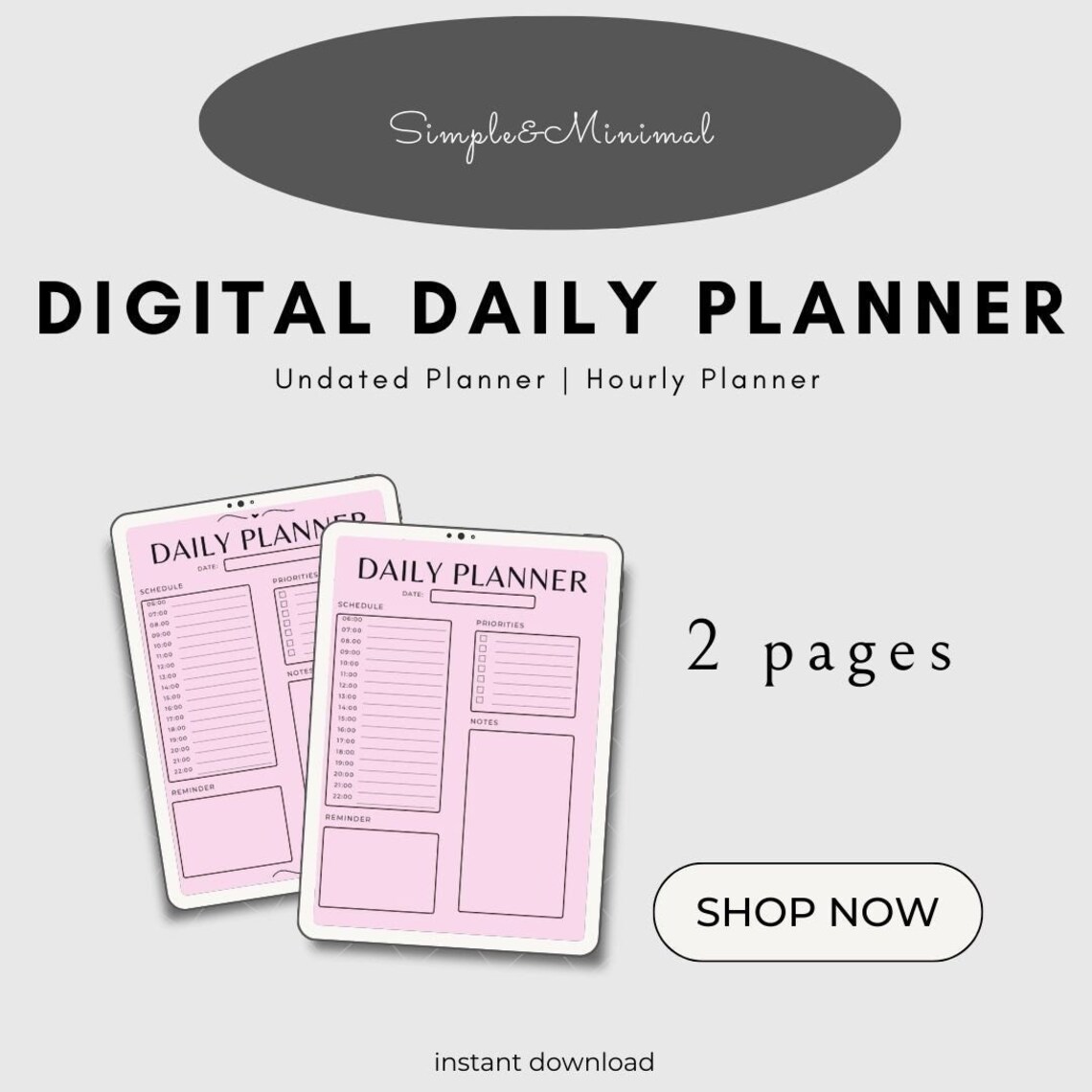 Minimalist Daily Planner Printable Digital Hourly Undated - Etsy