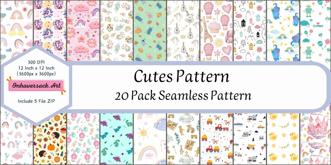 Cute Patterns Digital Paper Set 12x12 Inches-300 DPI 20 Pack Seamless ...