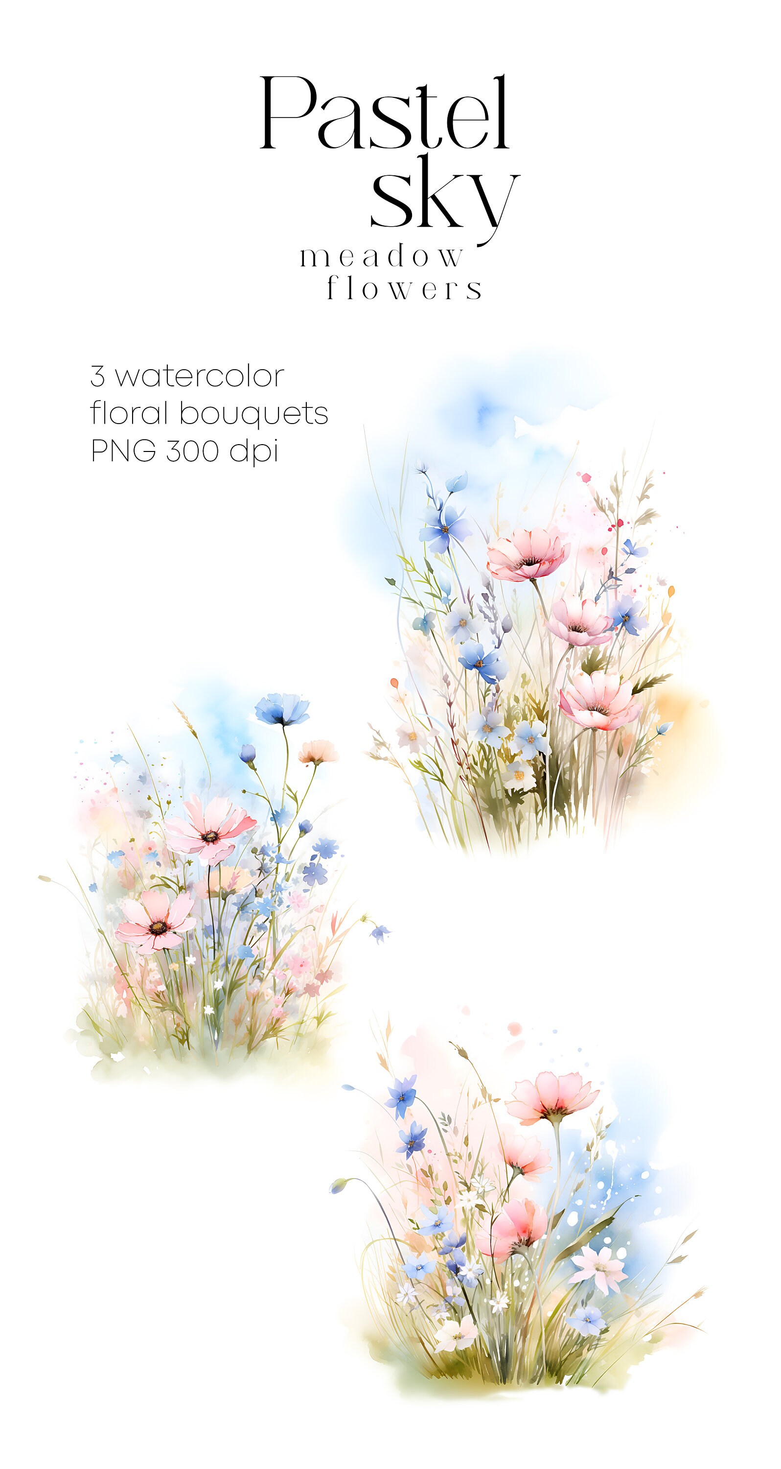 Watercolor Floral Clipart Blush and Baby Blue Flowers Wild - Etsy