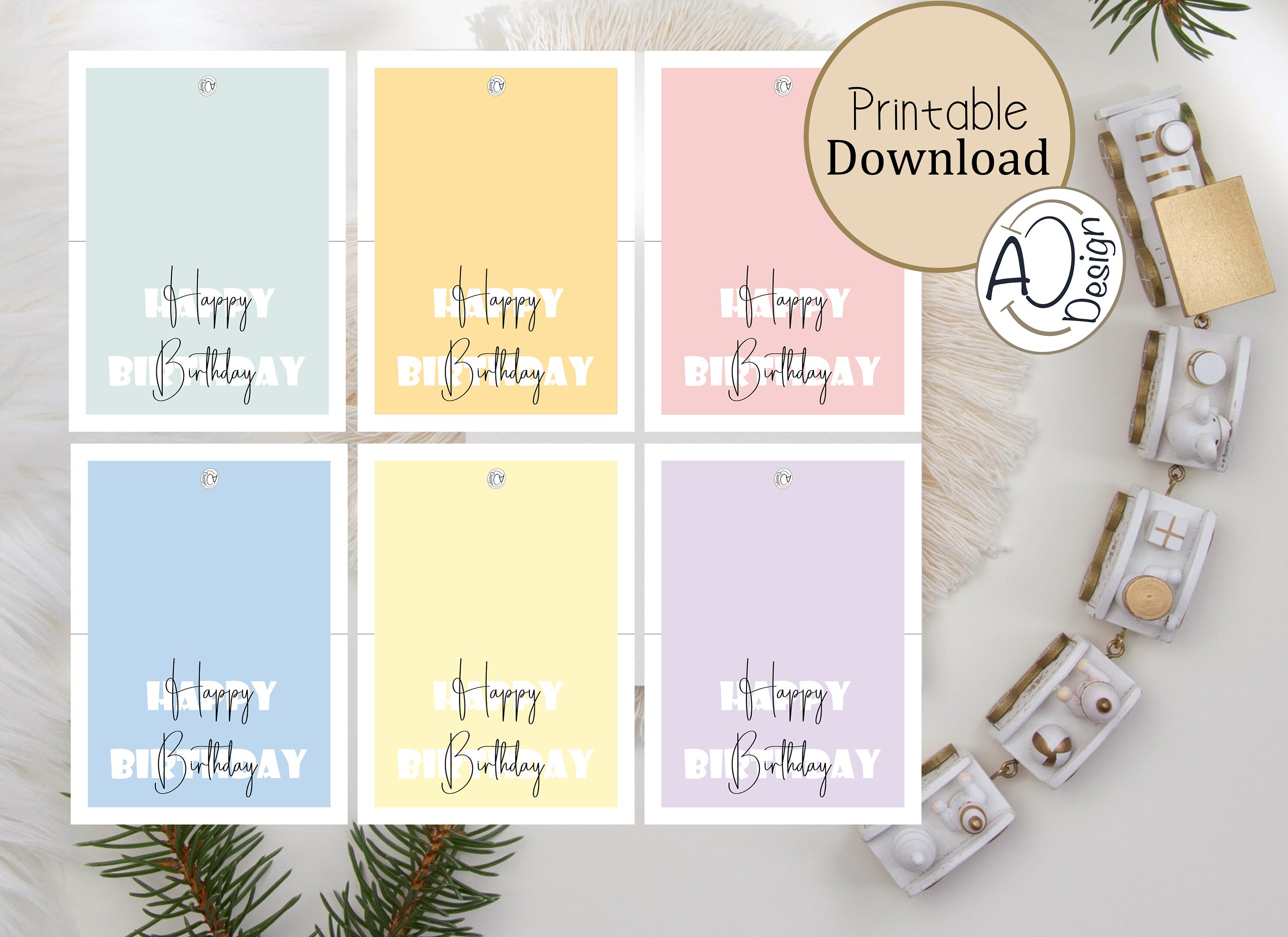 Birthday Printable Cards Set of 6 birthday Blank Card Happy Birthday ...