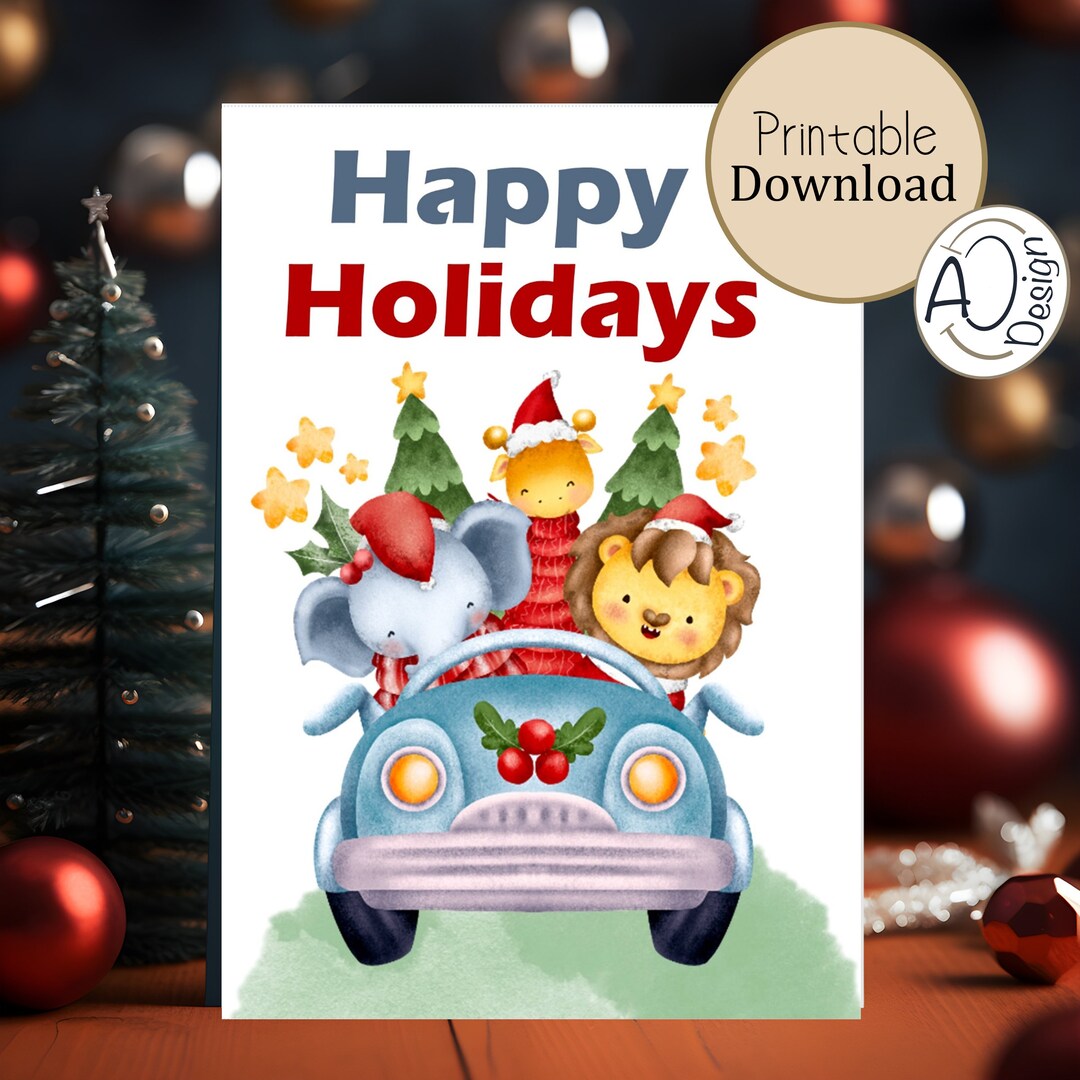 Printable Cute Christmas Card, Kids Animal Theme Card, Print at Home ...