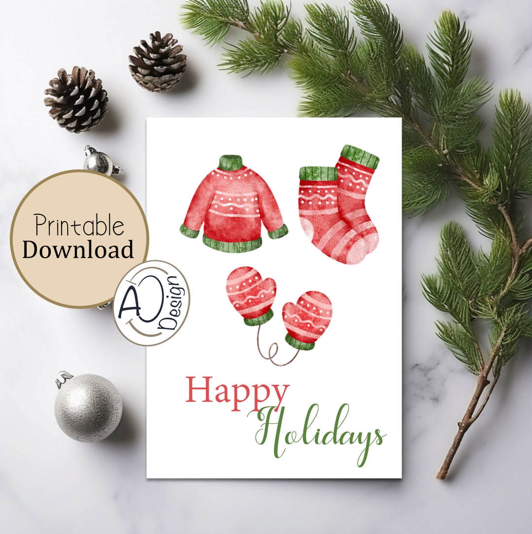 Christmas Card Printable, Holiday Card, Print at Home Cute Card, Red ...
