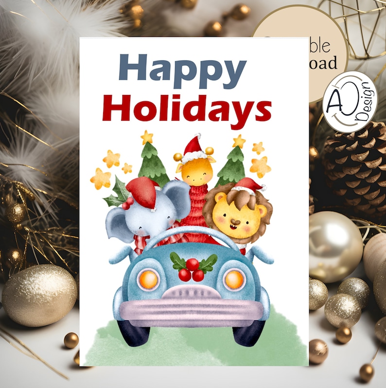 Printable Cute Christmas Card, Kids Animal Theme Card, Print at Home ...