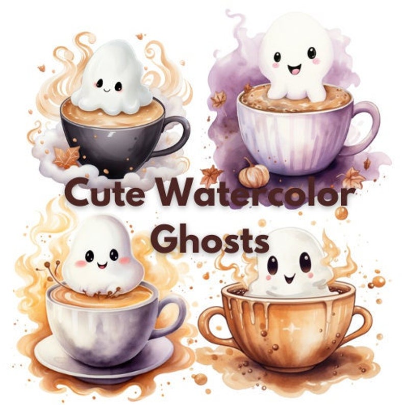 Cute Ghost Sitting in Coffee Cup, Watercolor, Halloween, Clip Art ...