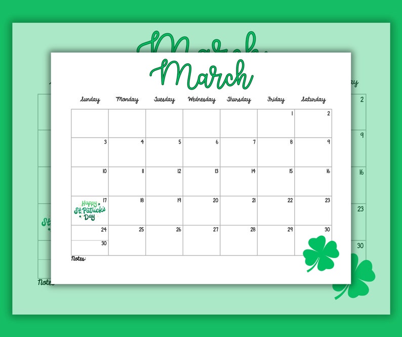 March 2024 Calendar Printable File Digital Download Calendar St Patrick ...