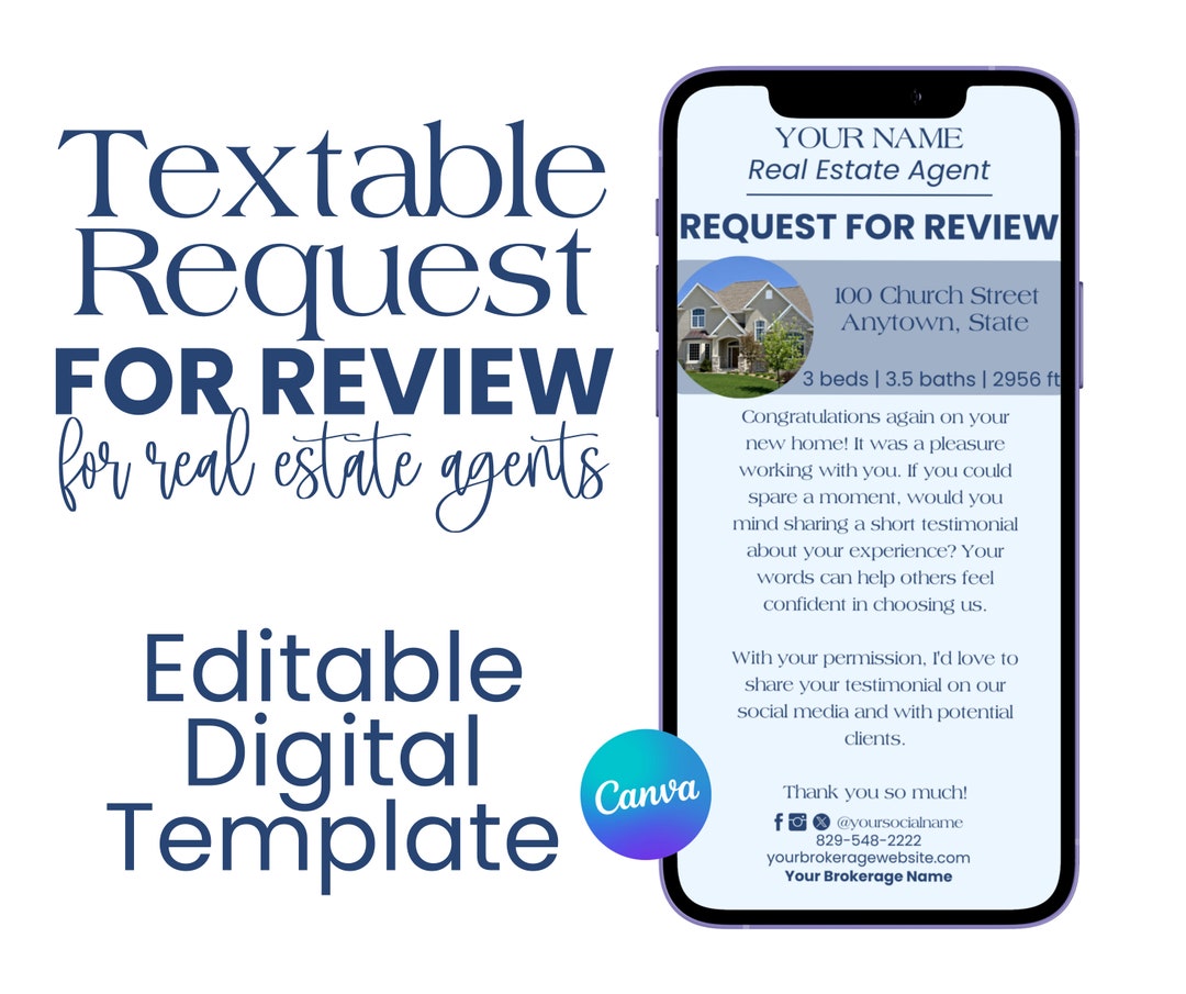 Real Estate Agent's Textable Review Request Editable Canva Template ...