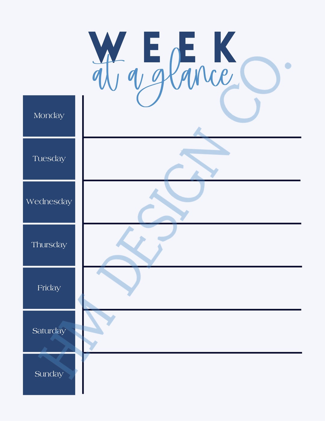 Week at a Glance Printable Digital File Minimalist Productivity ...