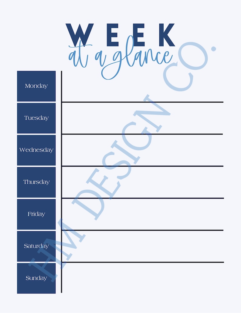 Week at a Glance Printable Digital File Minimalist Productivity ...