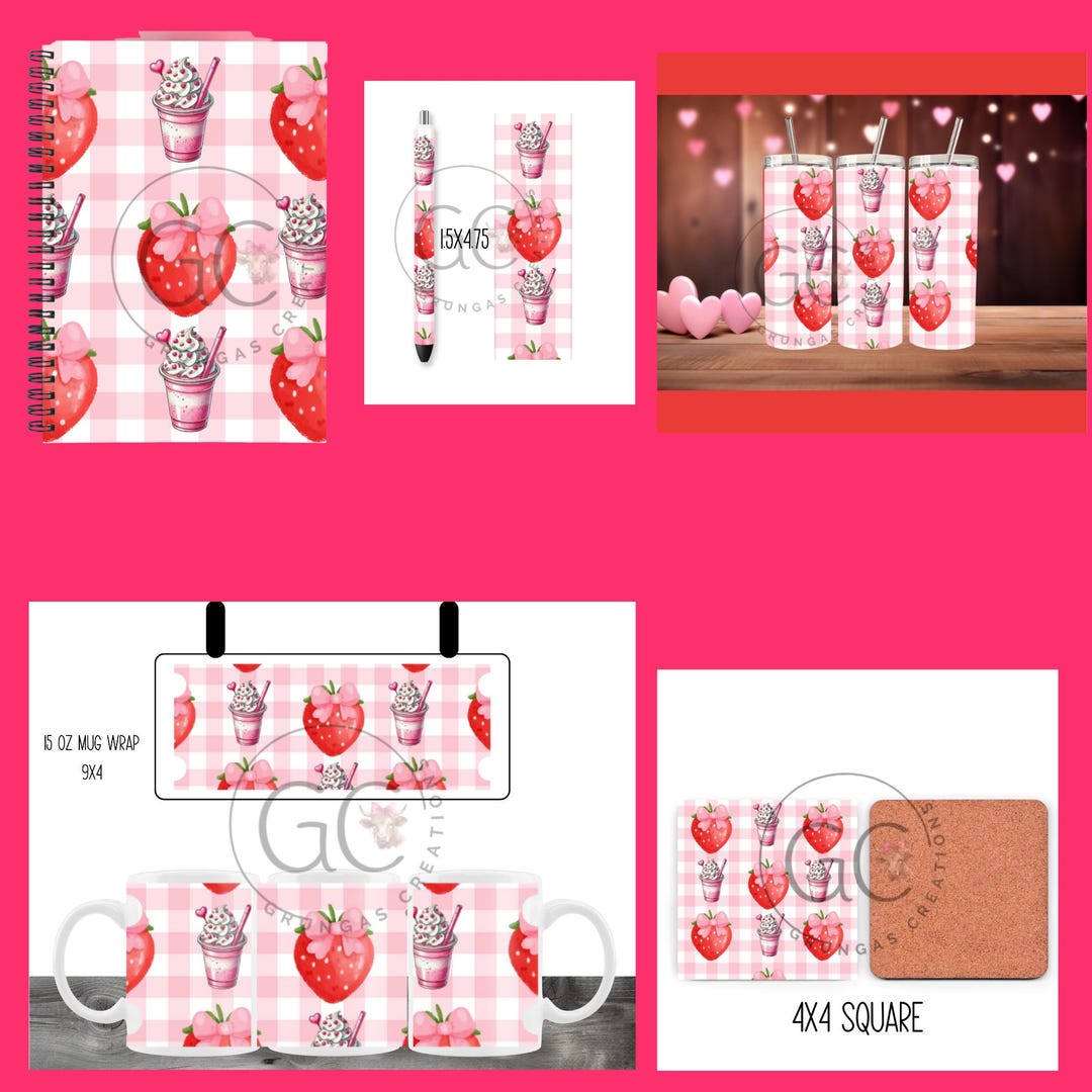 Strawberry Sublimation Digital Bundle: Tumbler, Mug, Coaster, Pen ...