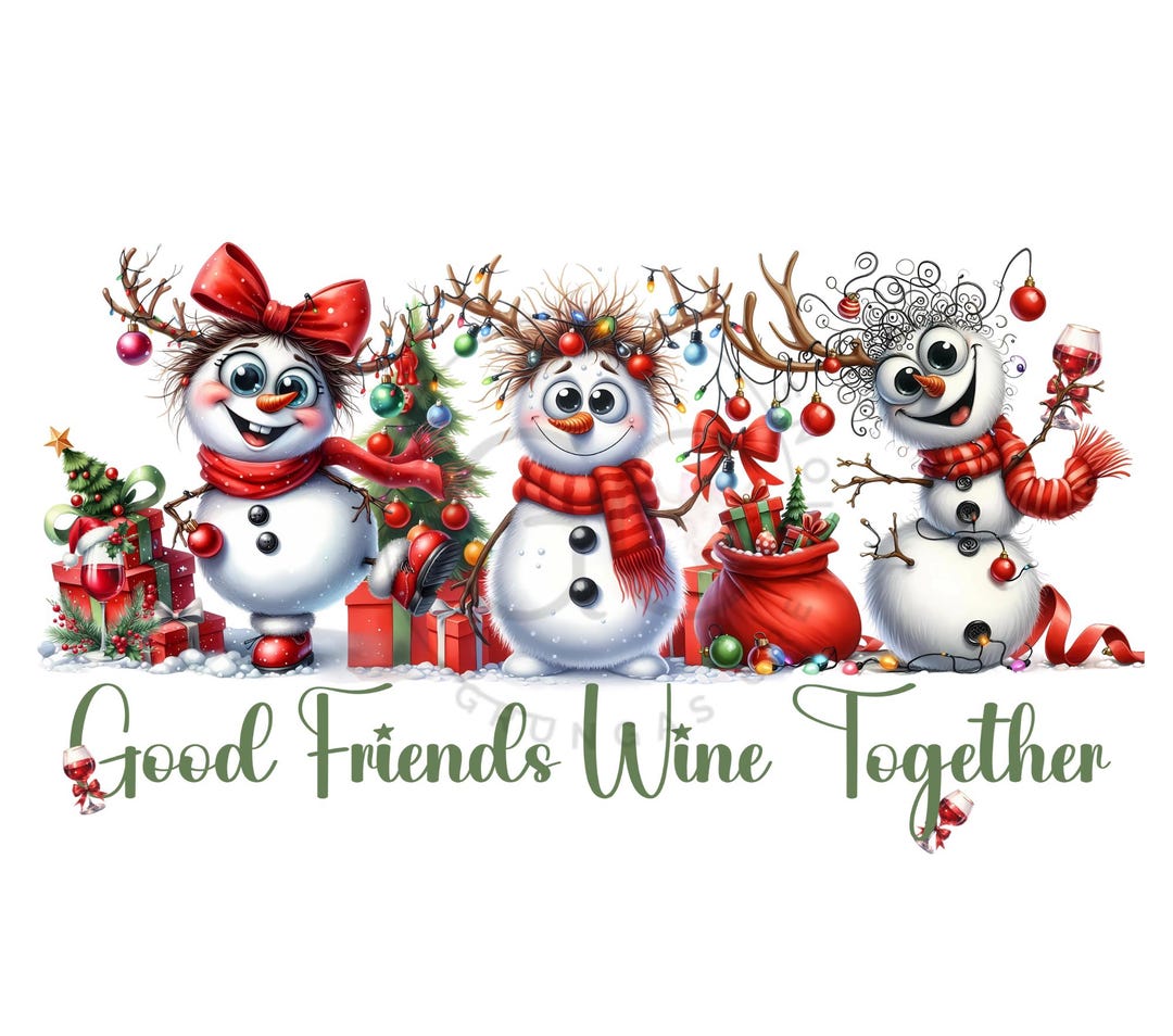 Friends Christmas Wine Snowmen Clipart: Funny Holiday PNG (digital ...