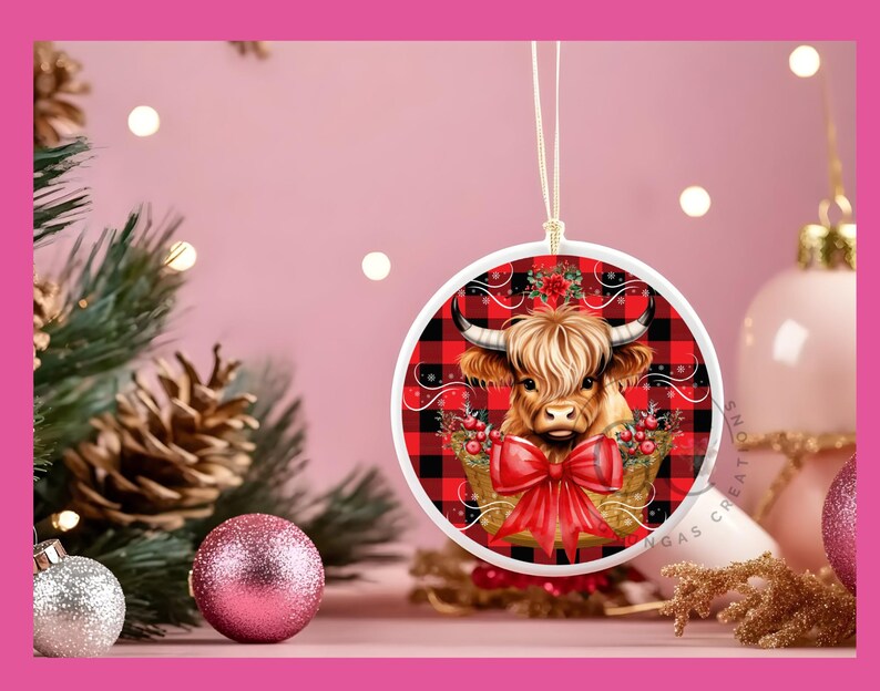 Buffalo Plaid Holiday Highland Cow Round PNG: Holiday Sublimation ...