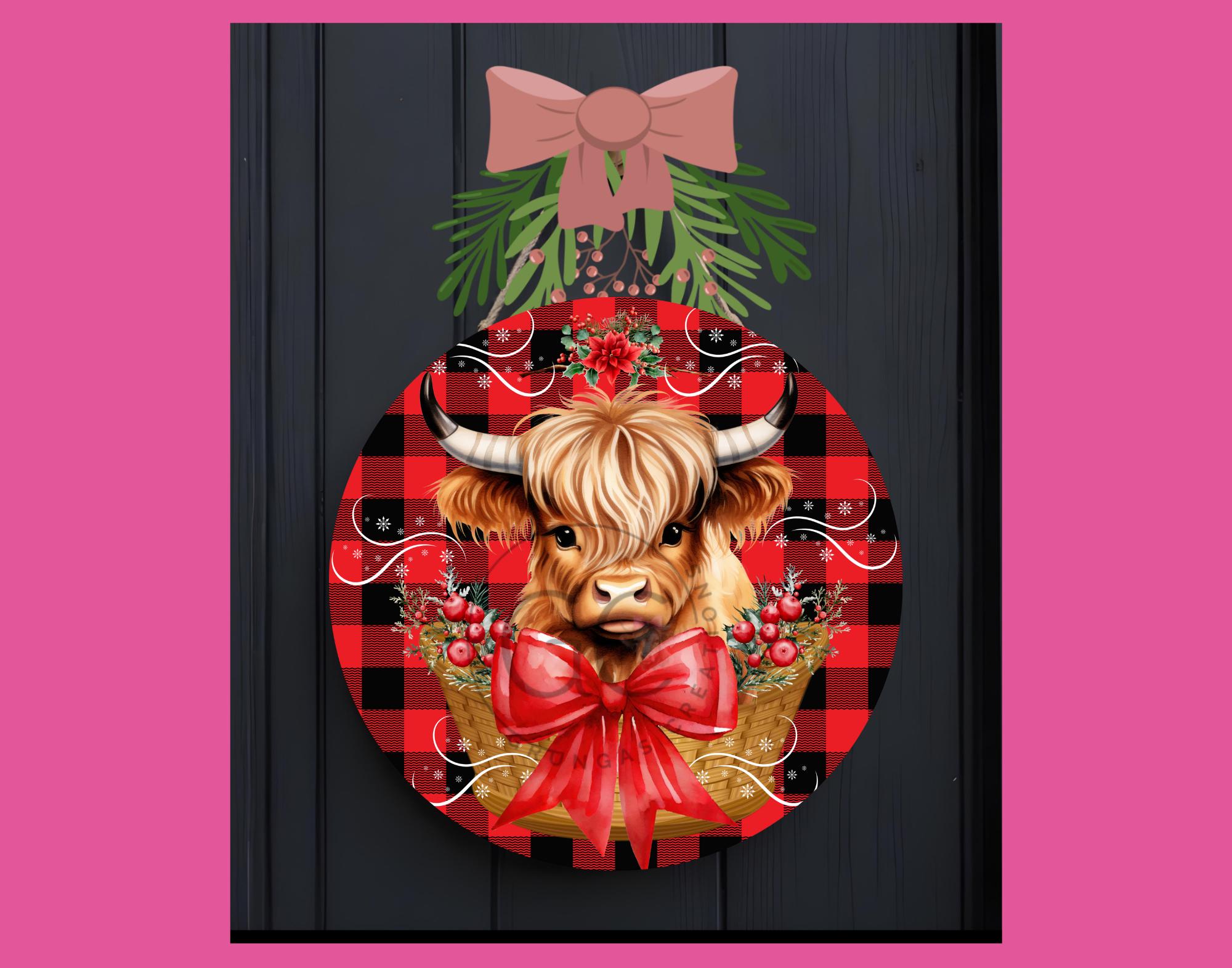 Buffalo Plaid Holiday Highland Cow Round PNG: Holiday Sublimation ...