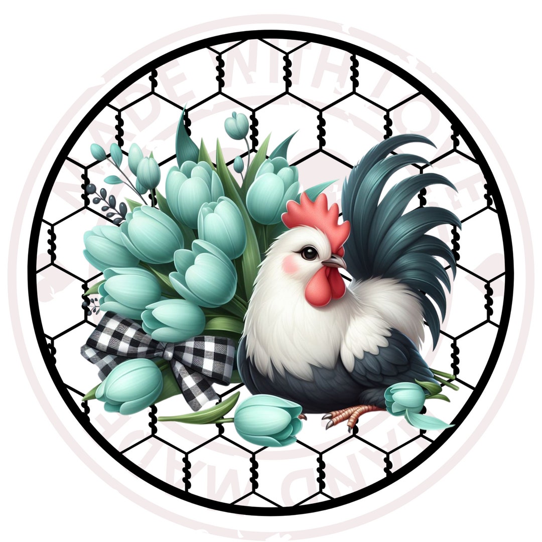 Teal Rooster & Tulips Round Sign: Spring Wreath Design (digital ...
