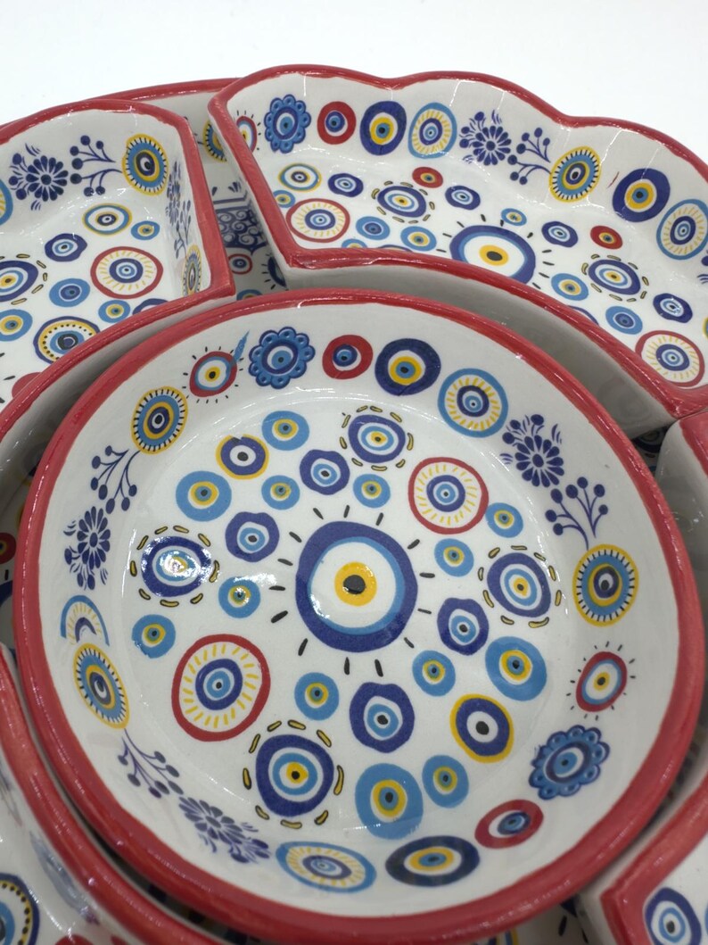 Handmade Turkish Ceramic Breakfast Set: Blue Floral Serving Bowls ...
