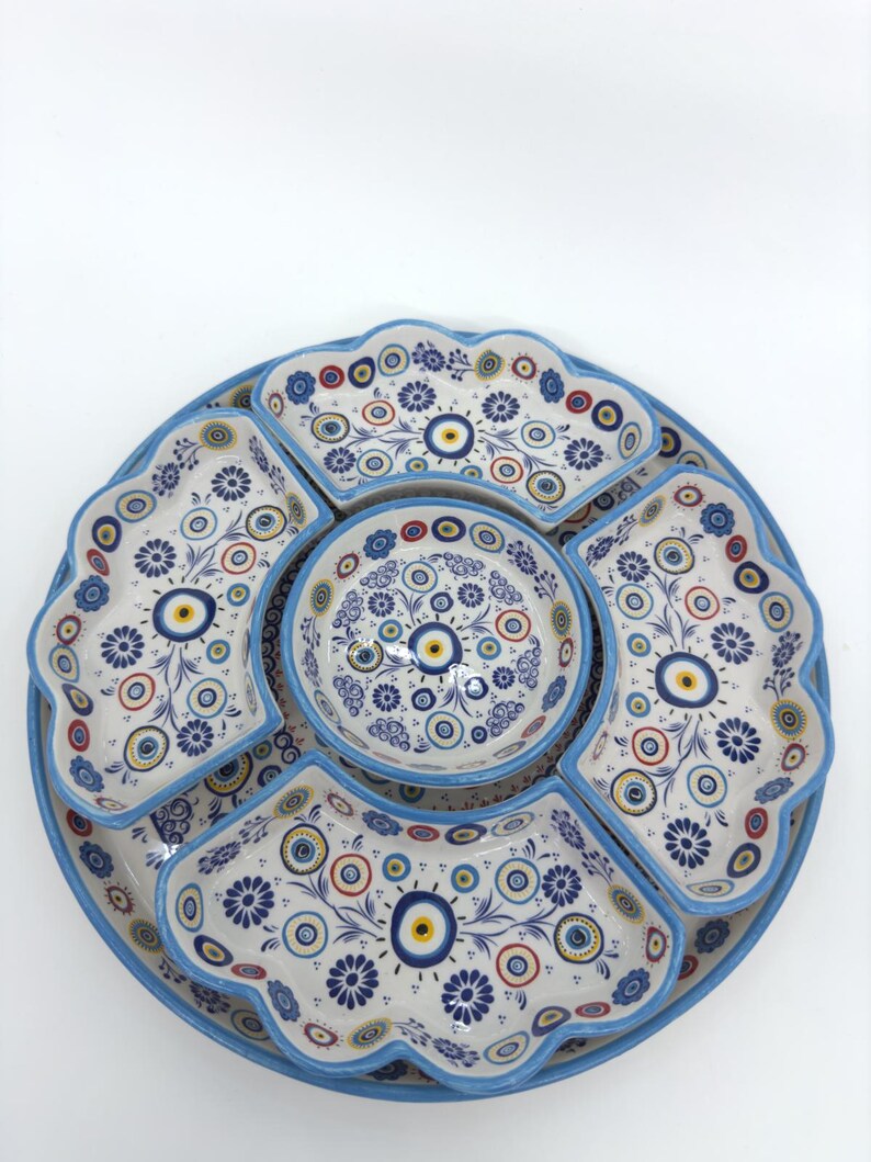 Handmade Turkish Ceramic Breakfast Set: Blue Floral Serving Bowls ...