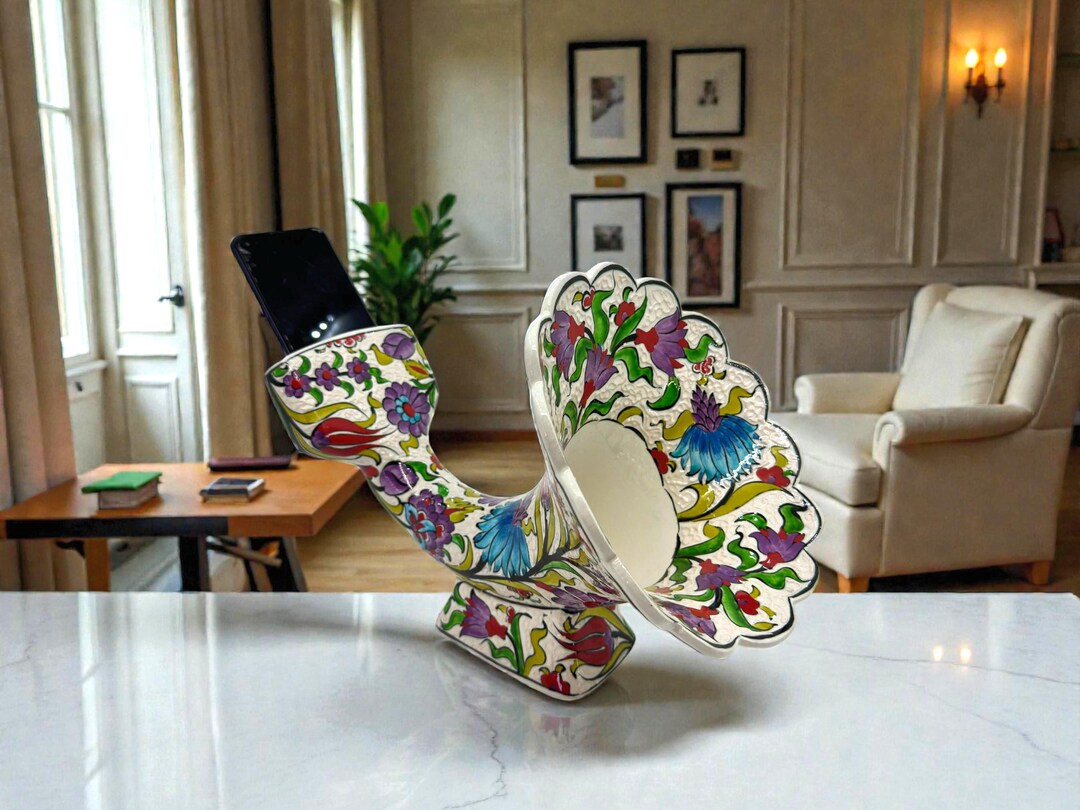 Handmade Ceramic Phone Amplifier Gramophone, Hand Painted Floral ...