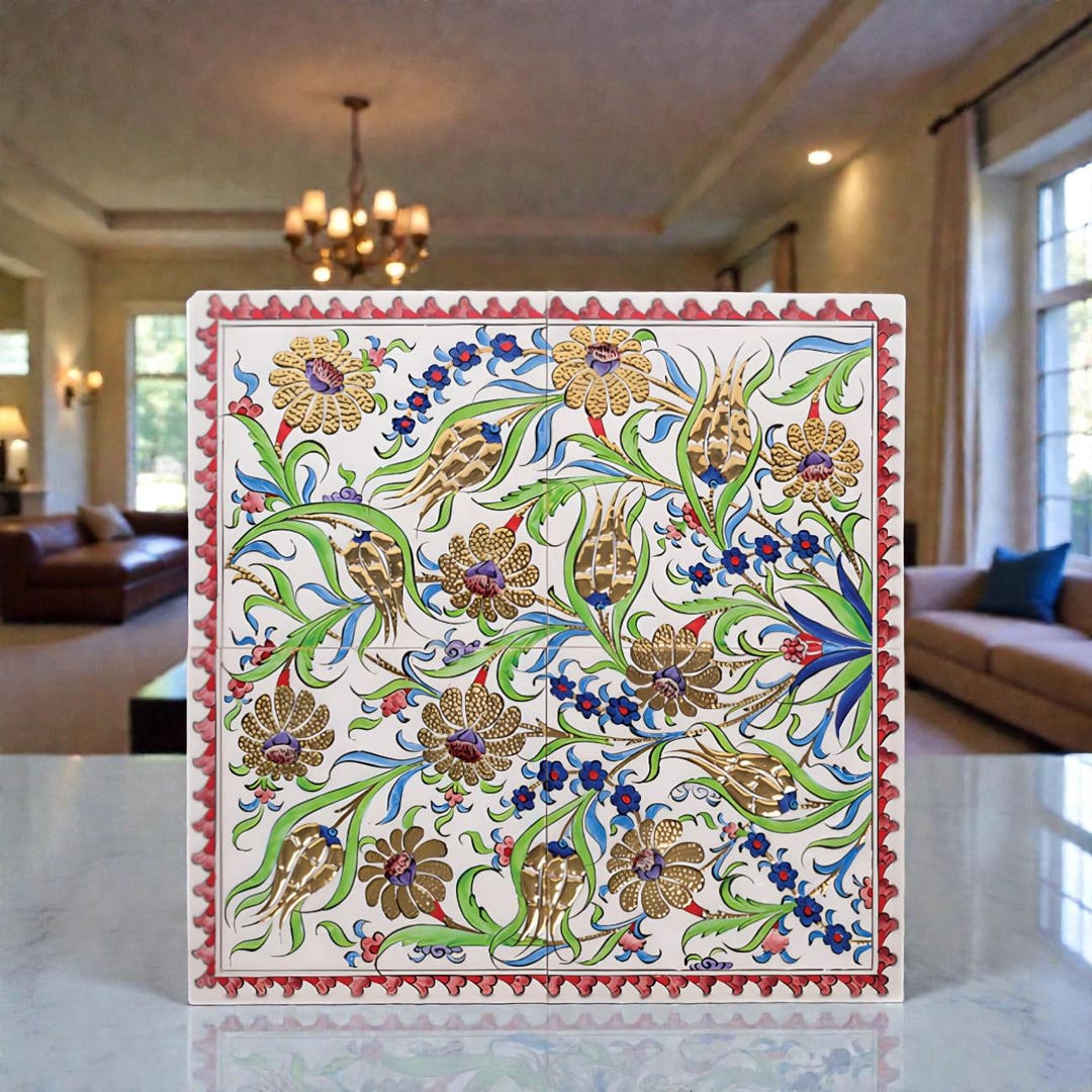 Handmade Floral Ceramic Tile Wall Art, Colorful Home Decor (40x40 Cm ...