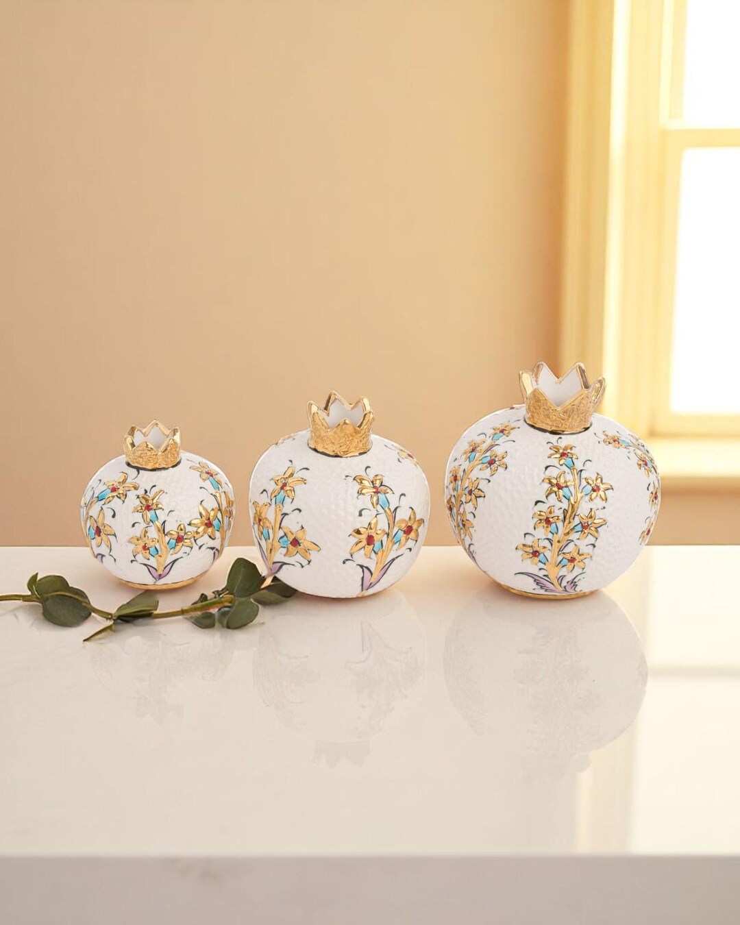 24K Gold Ceramic Pomegranate Set of 3, Signed Turkish Pomegranate Decor ...