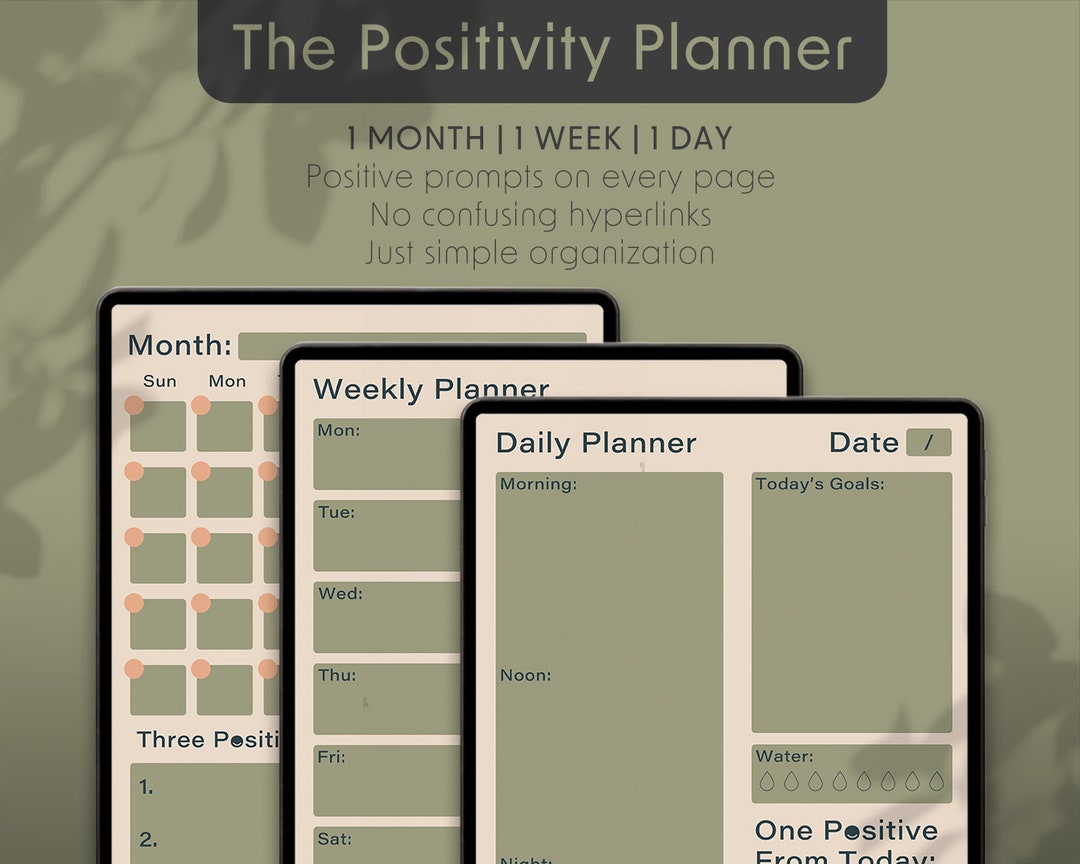 Positivity Planner | Simple 3-page Day, Week, Month Digital Planner ...