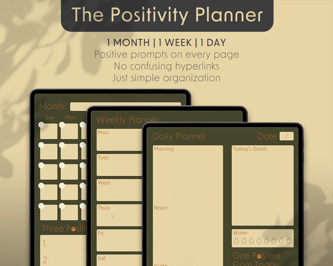 Digital Positivity Planner | Simple Undated 3-page Day, Week, Month ...
