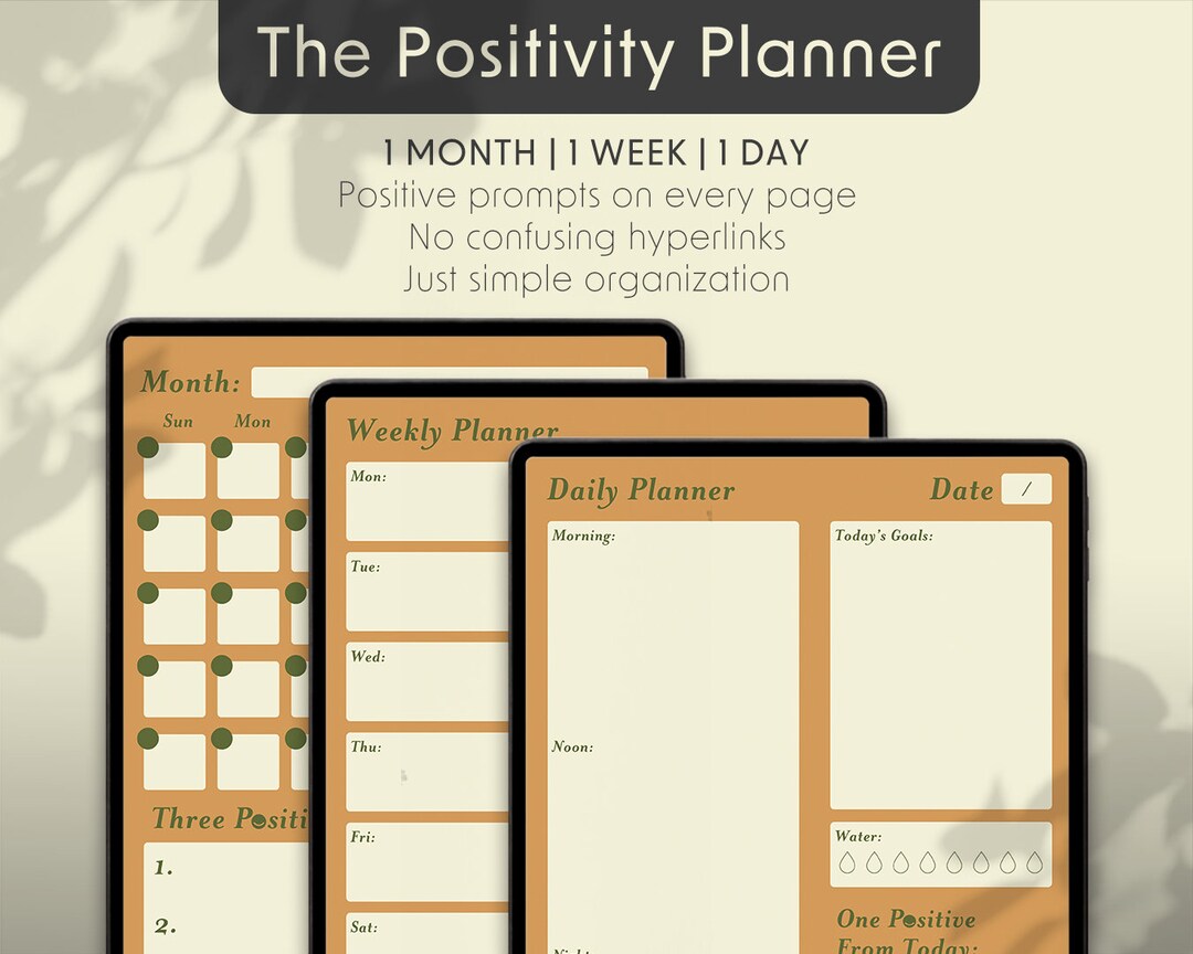 Positivity Planner | Simple 3-page Day, Week, Month Digital Planner ...