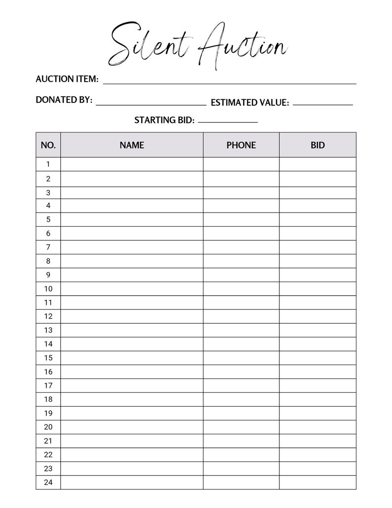 Silent Auction Bid Sheet - Etsy