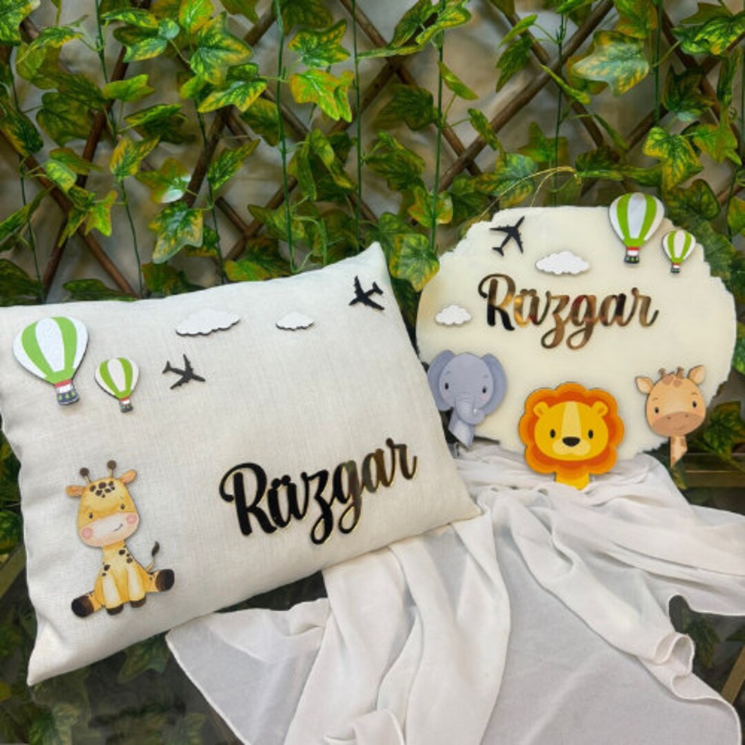 Safari Themed Baby Door Ornament and Pillow, Personalized Baby Door ...