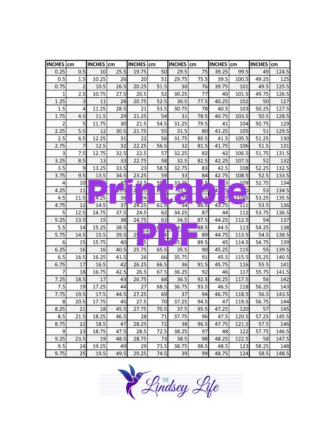 Printable Inches to Centimeter Conversion Chart - Etsy