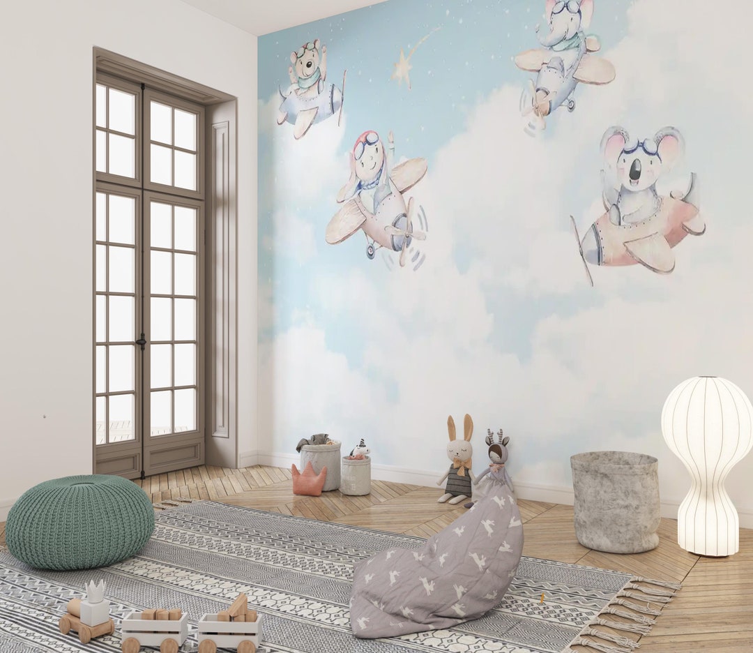Cute Pilot Animals Wallpaper for Kids Room, Helicopter Plane Wallpaper ...
