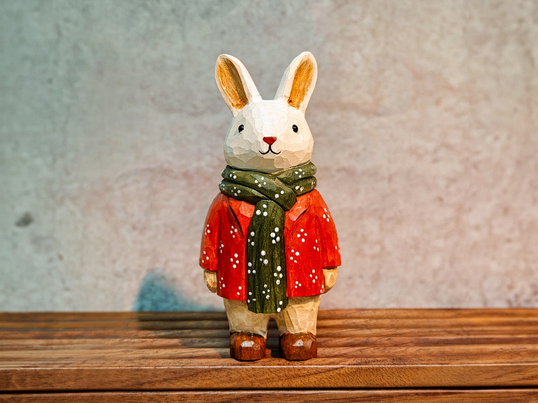 Christmas Handmade Rabbit Wood Carving Red Print Cute Rabbit - Etsy