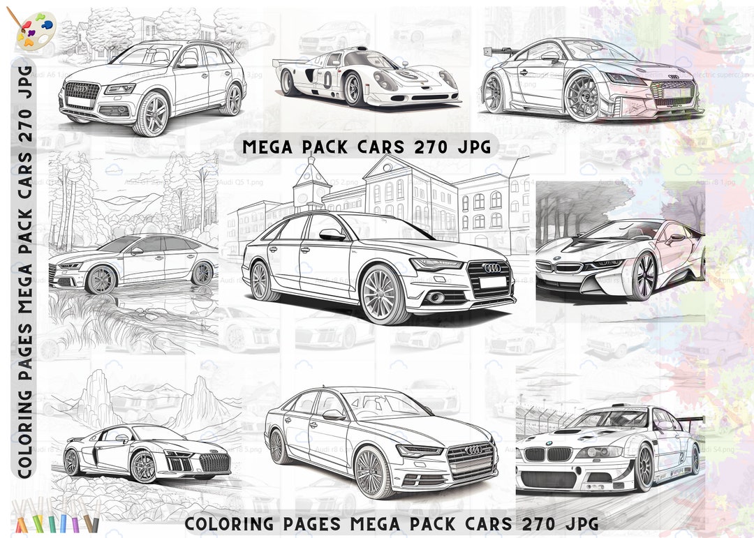 Cars 270 Coloring Pages Mega Pack Coloring Book, Greyscale, Digital ...