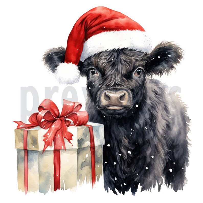 Watercolor Cute Christmas Black Angus Cow PNG, Sublimation Design ...