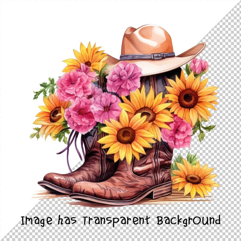 Pink Cowboy Boots Sunflower Bouquet Clipart, Cowboy Hat, Cowgirl Boots ...