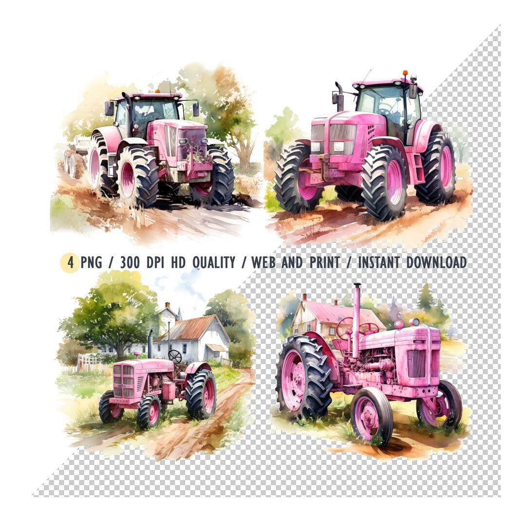 Watercolor Pink Farm Tractor Clipart, Pink Farm Tractor PNG, Watercolor ...