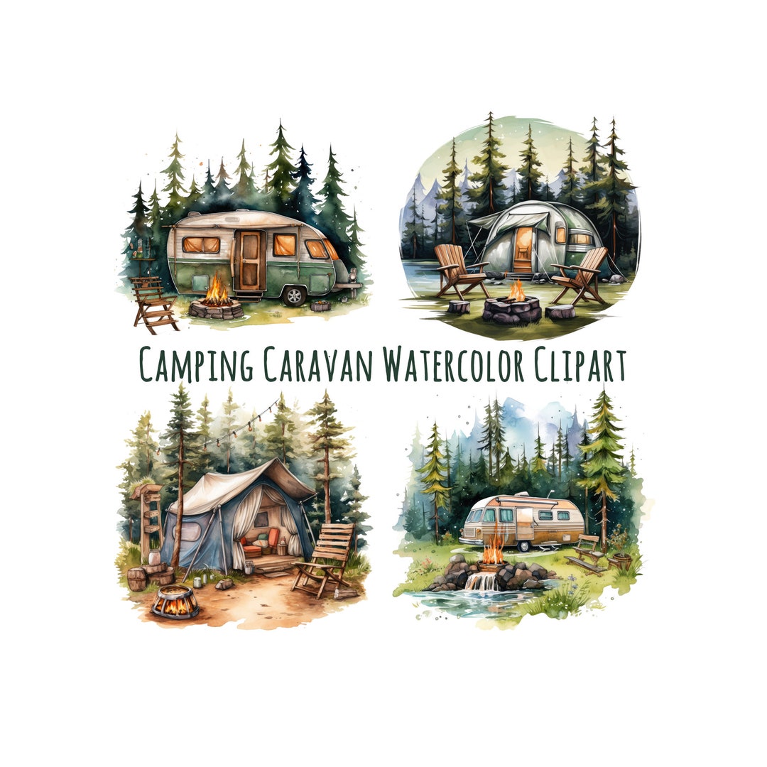 Cute Watercolor Vintage Camper Clip Art, Woodland Background, Camping ...