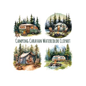 Cute Watercolor Vintage Camper Clip Art, Woodland Background, Camping ...