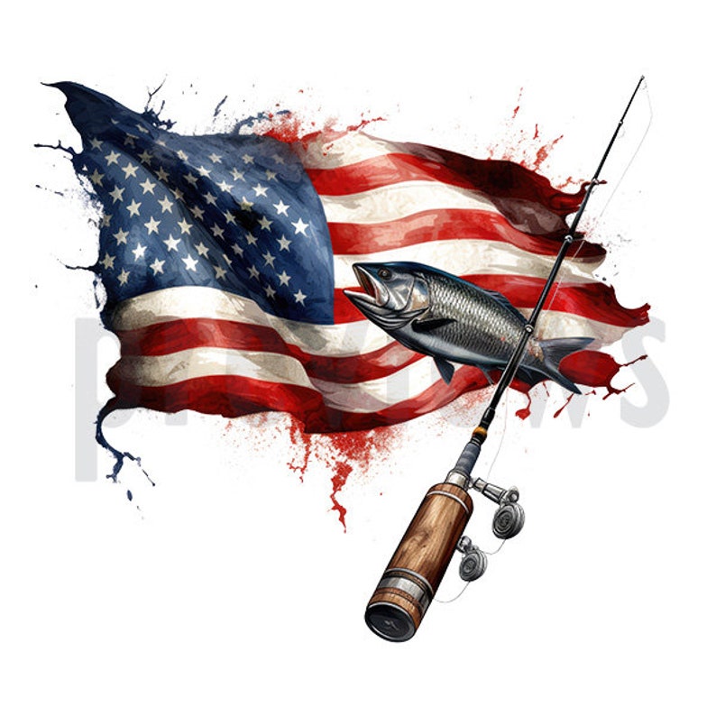 Draw American Flag With Fishing Rod, Watercolor US Flag PNG, Fisherman ...