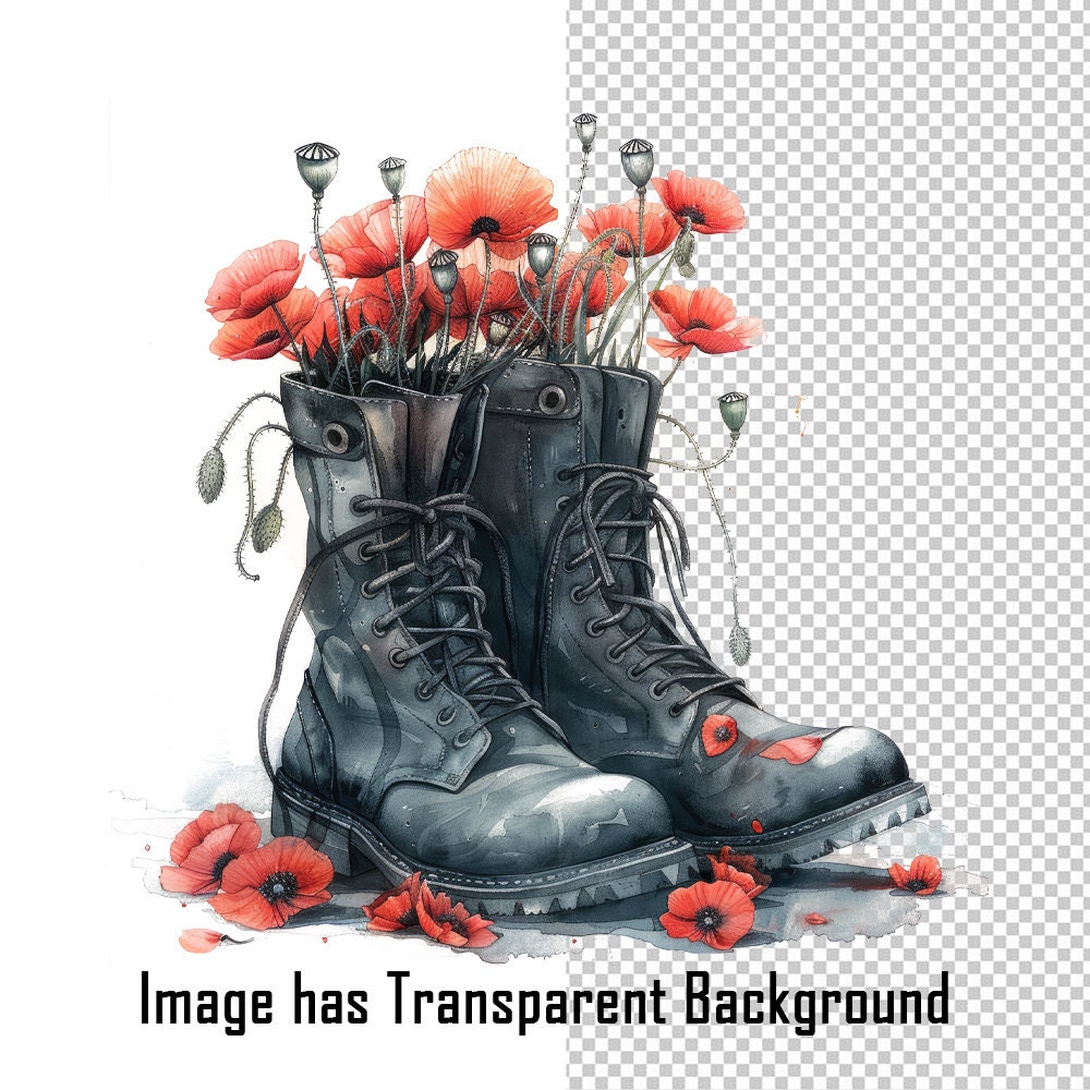 Memorial Day, Watercolor Black Combat Boots With Scarlet Poppies PNG ...