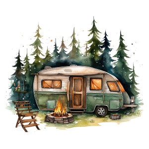 Cute Watercolor Vintage Camper Clip Art Woodland Background - Etsy