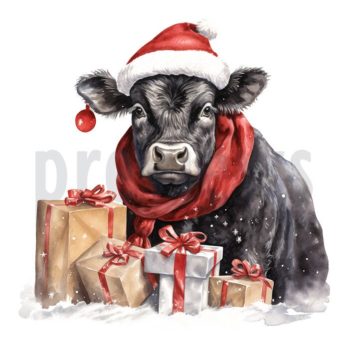 Watercolor Cute Christmas Black Angus Cow PNG, Sublimation Design ...