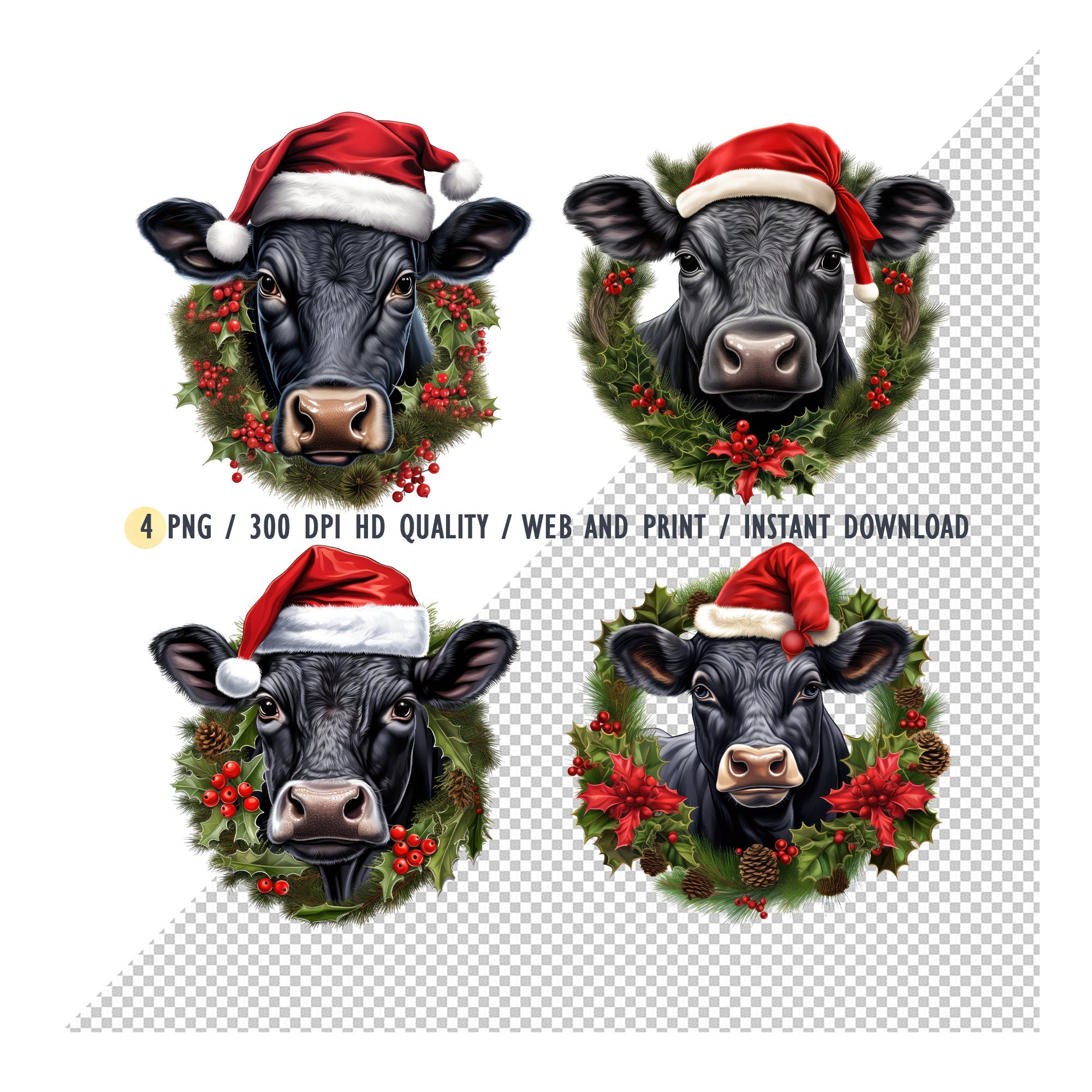 Black Angus Cow Wearing a Red Santa Hat PNG, Black Angus Cow Christmas ...
