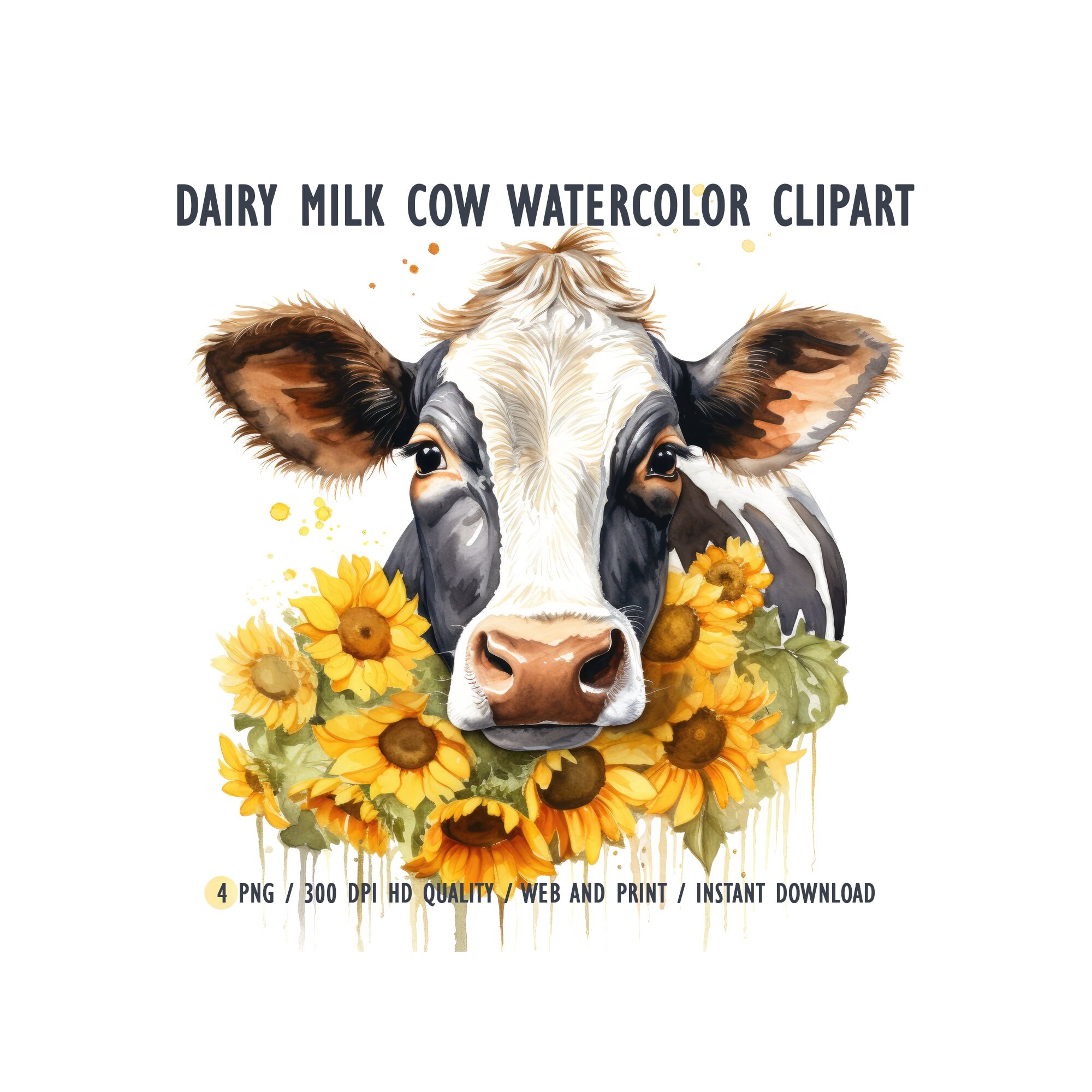 Watercolor Cow With Sunflowers, PNG, Sublimation Design, Cute Dairy Cow ...