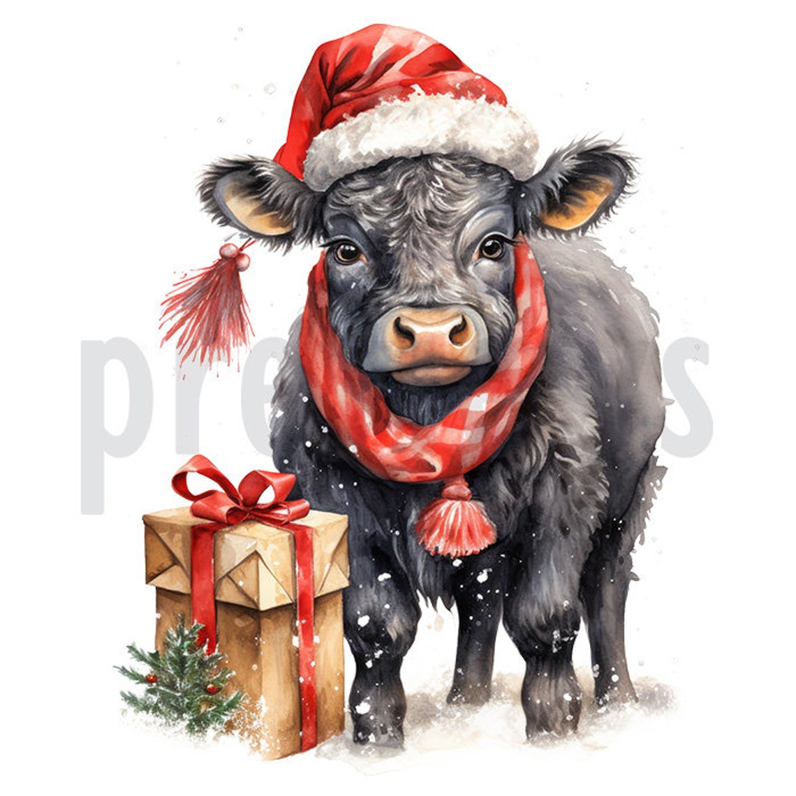 Watercolor Cute Christmas Black Angus Cow PNG, Sublimation Design ...
