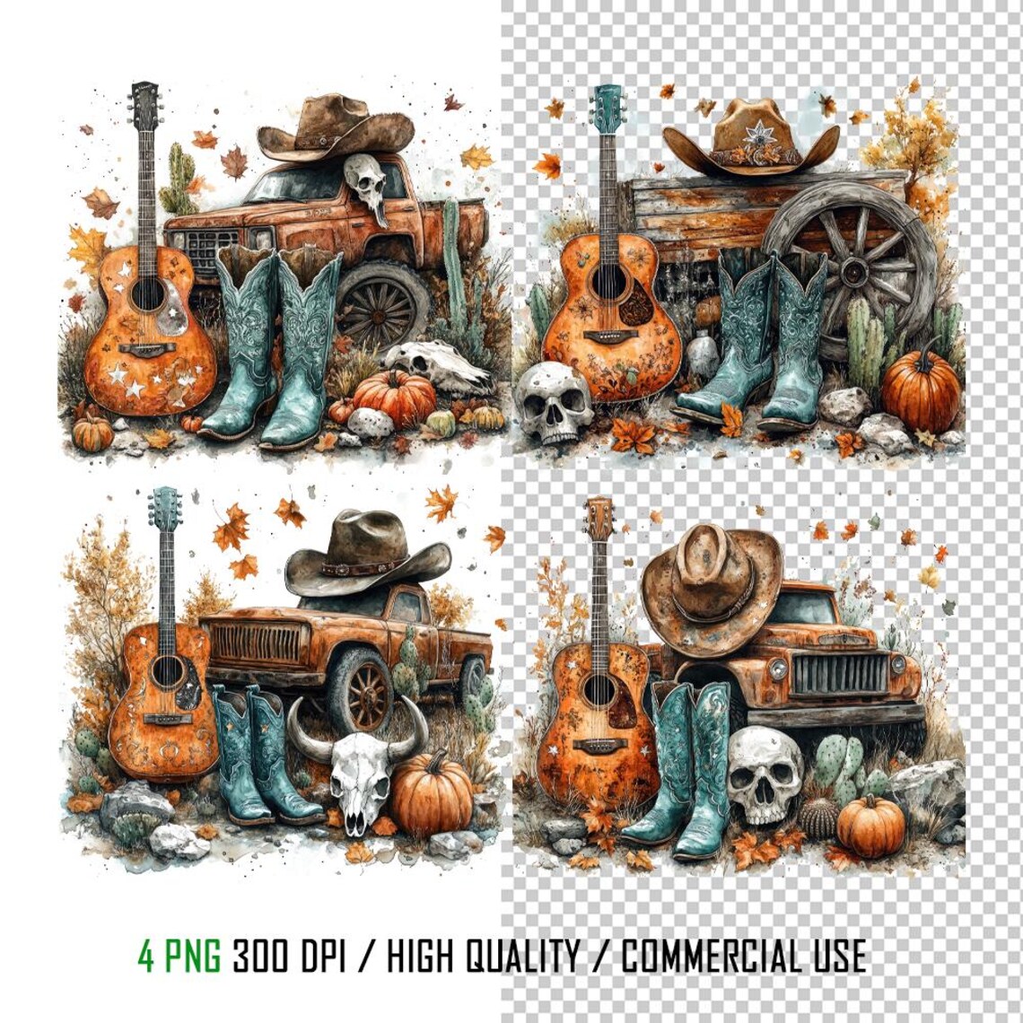 A Hand Drawn Watercolor Vibrant Collage of Various Fall and Western ...