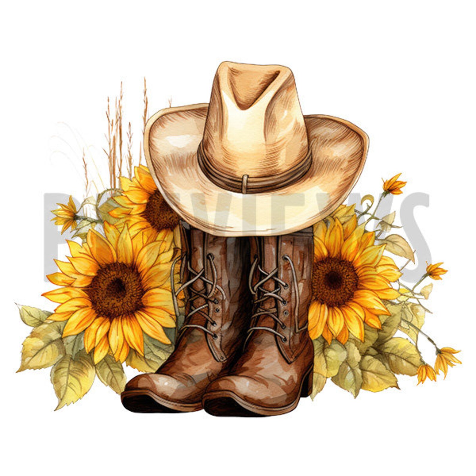 Cowboy Boots Watercolor Clipart PNG, Cowboy Hat Sunflowers Wild West ...