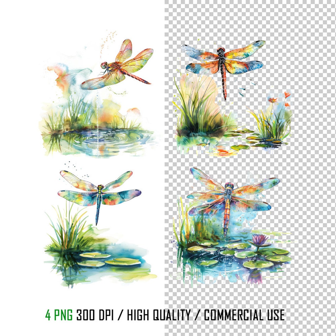 Watercolor A Vibrant Dragonfly Hovering Above Tranquil Summer Pond ...